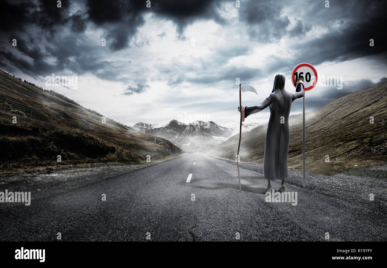 Concept of dangerous excess speed Death drawing a figure on a speed ...