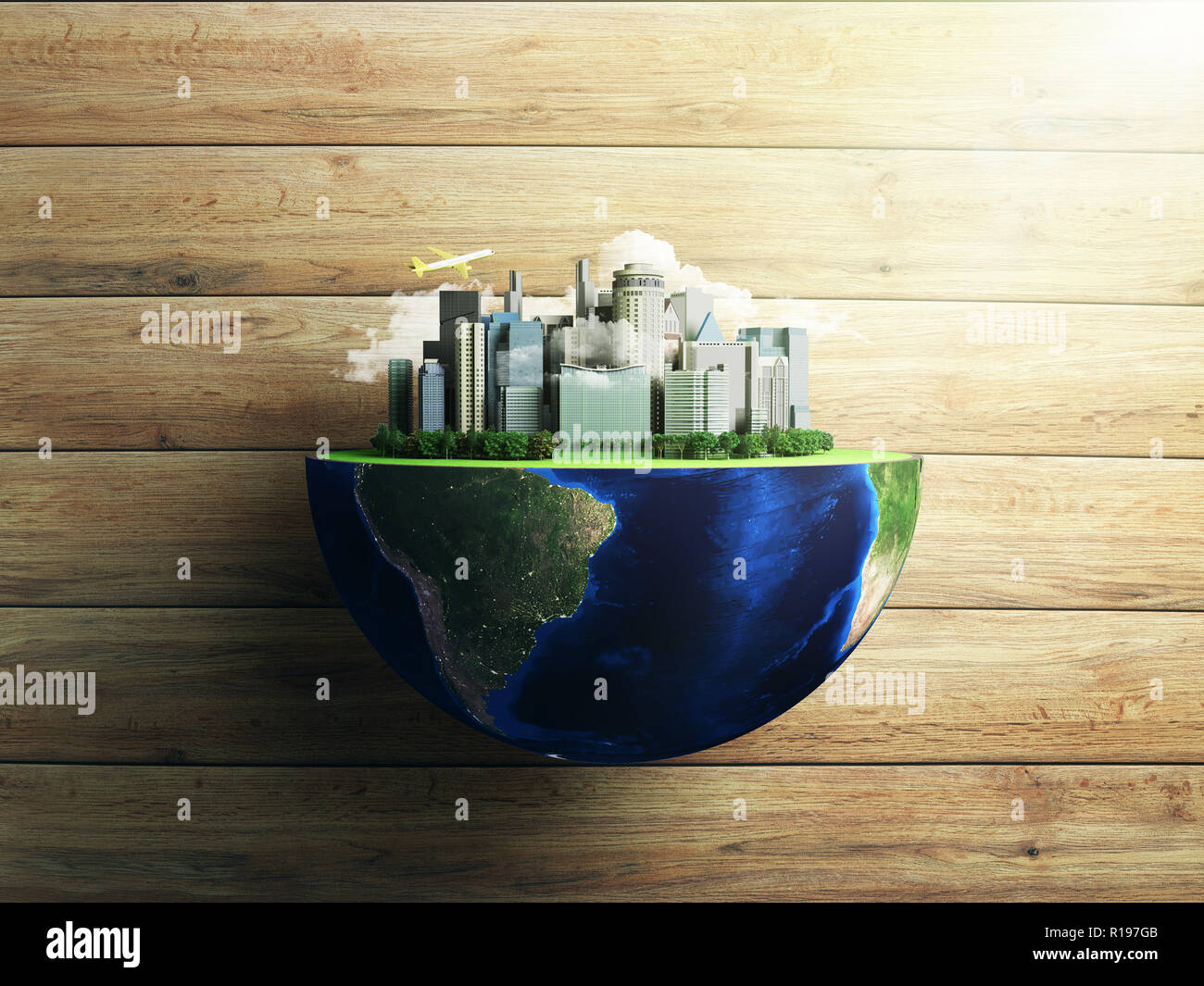 Urbanization concept with globe and city on abstract green background ...