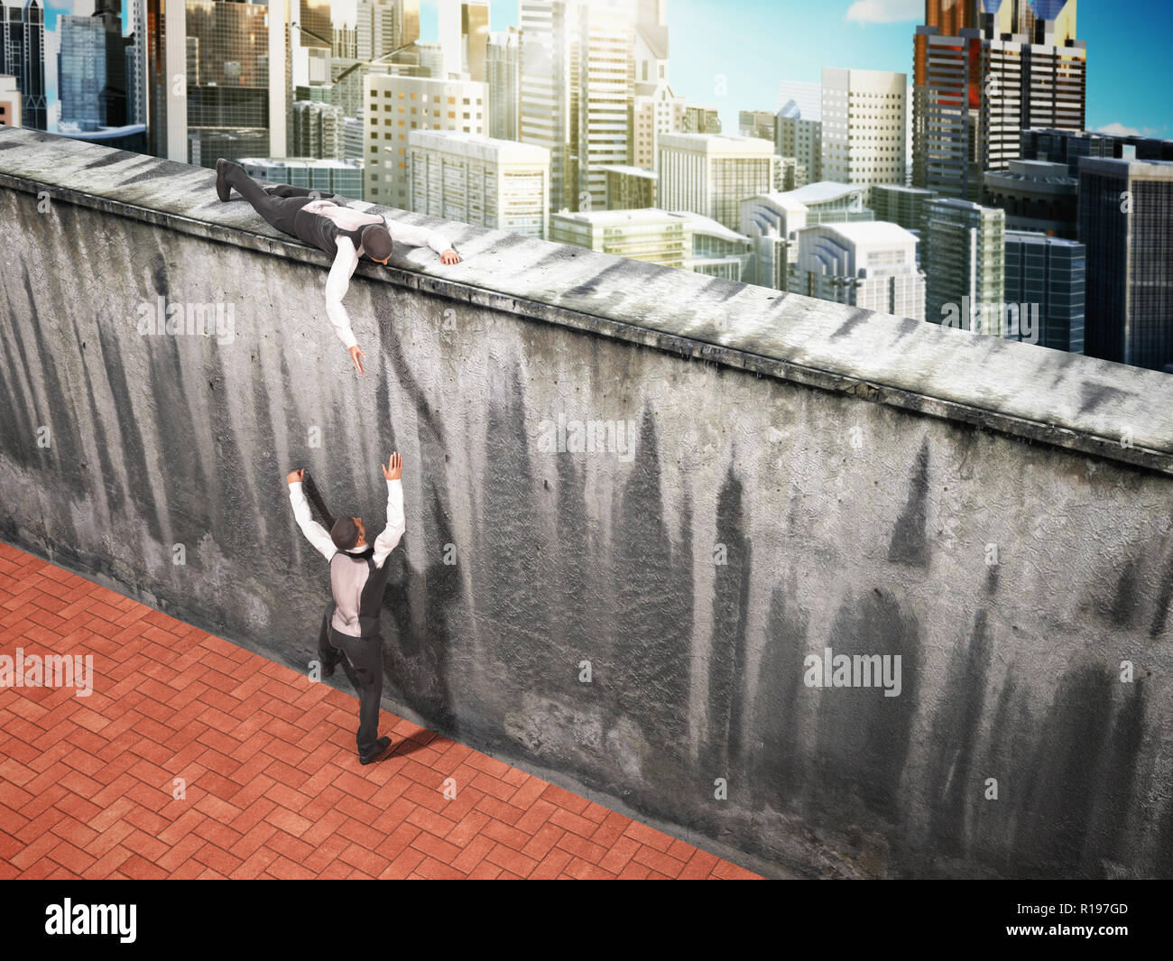 teamwork Concept of assistance A man helps another person to climb a ...