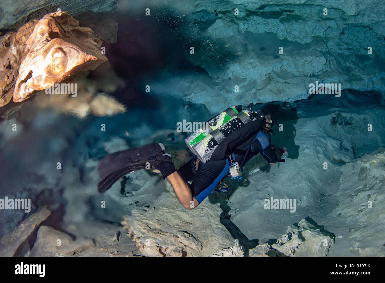 halocline effect while fins are mixing salt and fresh water while ...