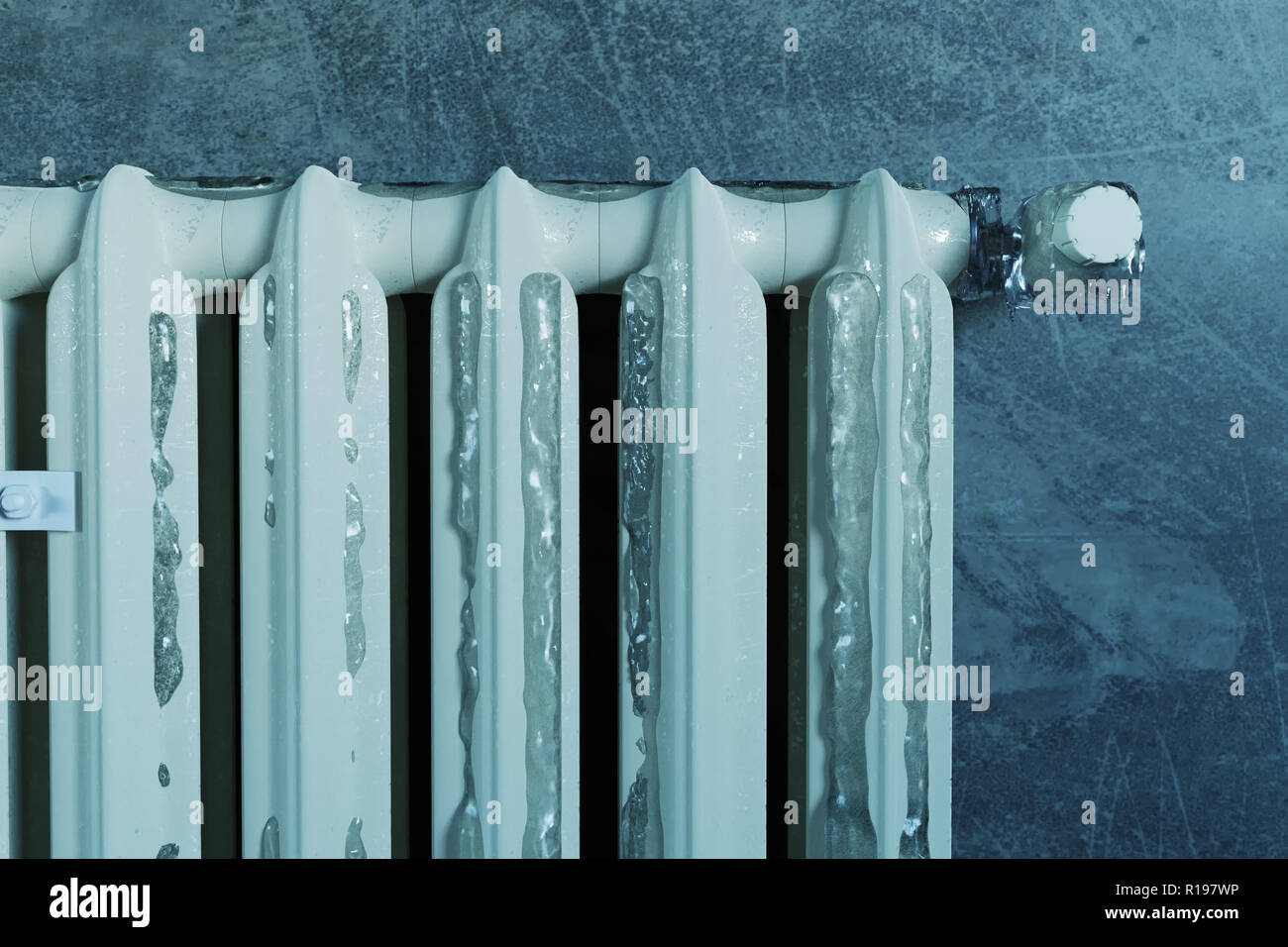 3d rendering of an old heat radiator covered with ice because of energy ...