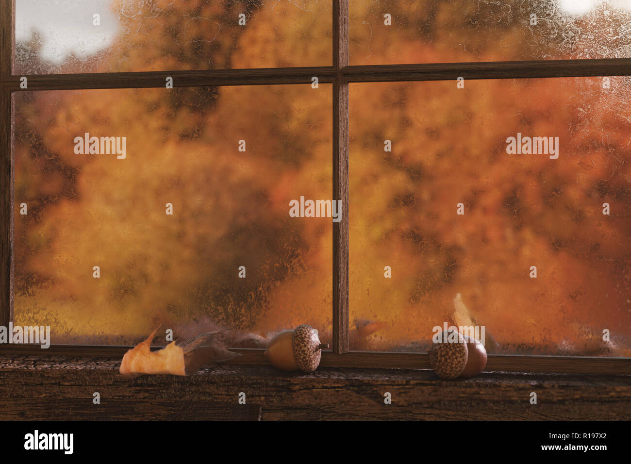 3d rendering of misty windows of a wood cabin in front of autumn trees ...