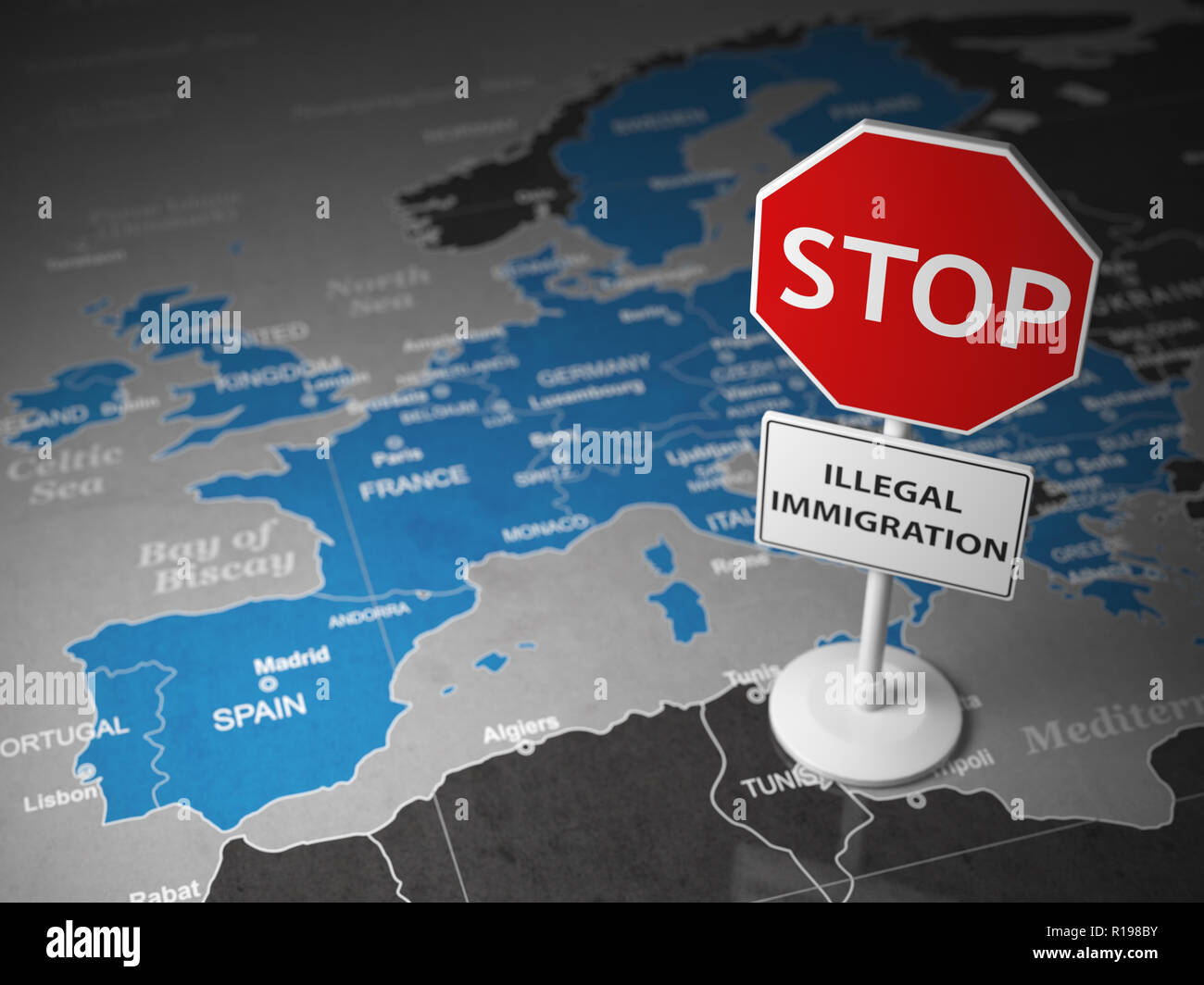 Stop illegal immigration concept. Sign stop on the map of Europe. 3d ...