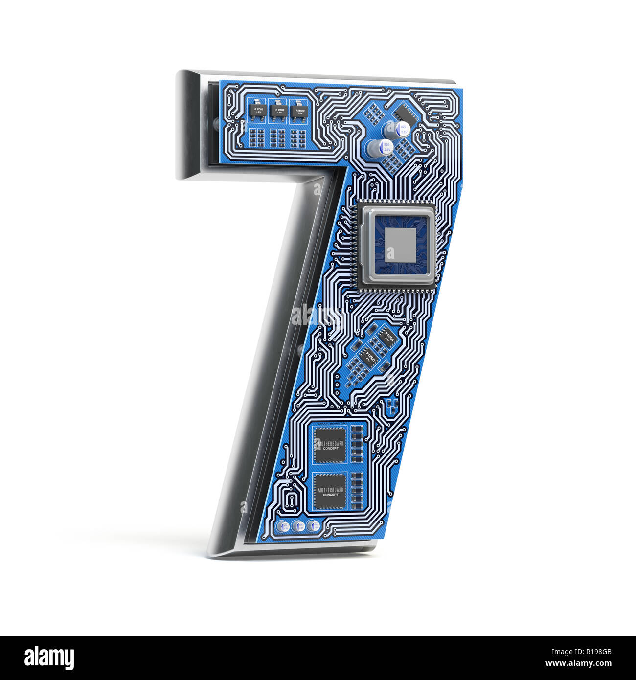 Number 7 seven, Alphabet in circuit board style. Digital hi-tech letter ...