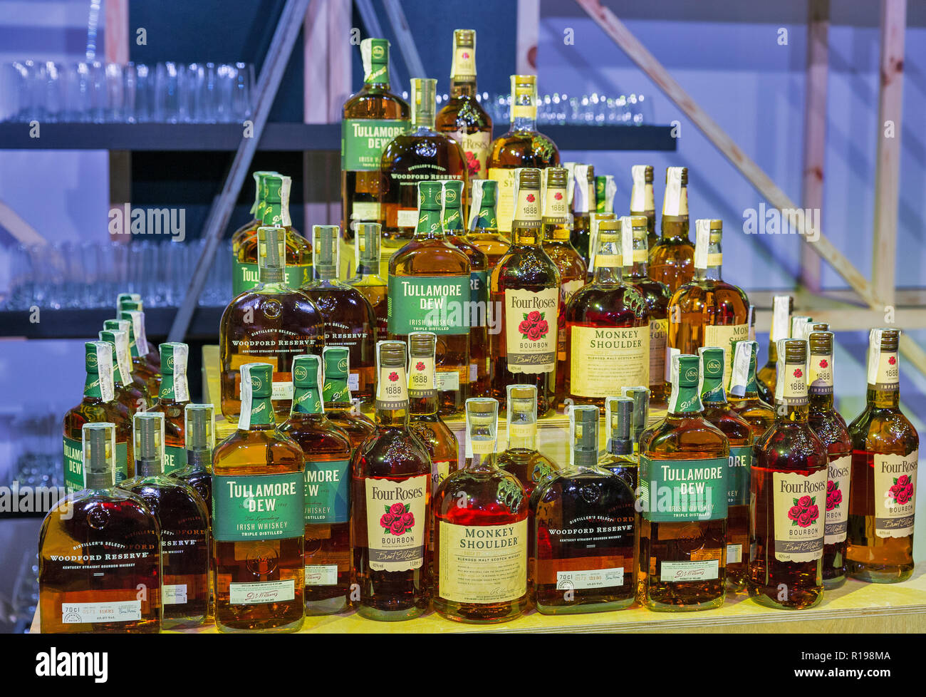 KIEV, UKRAINE - OCTOBER 20, 2018: Different blended malt and bourbon ...