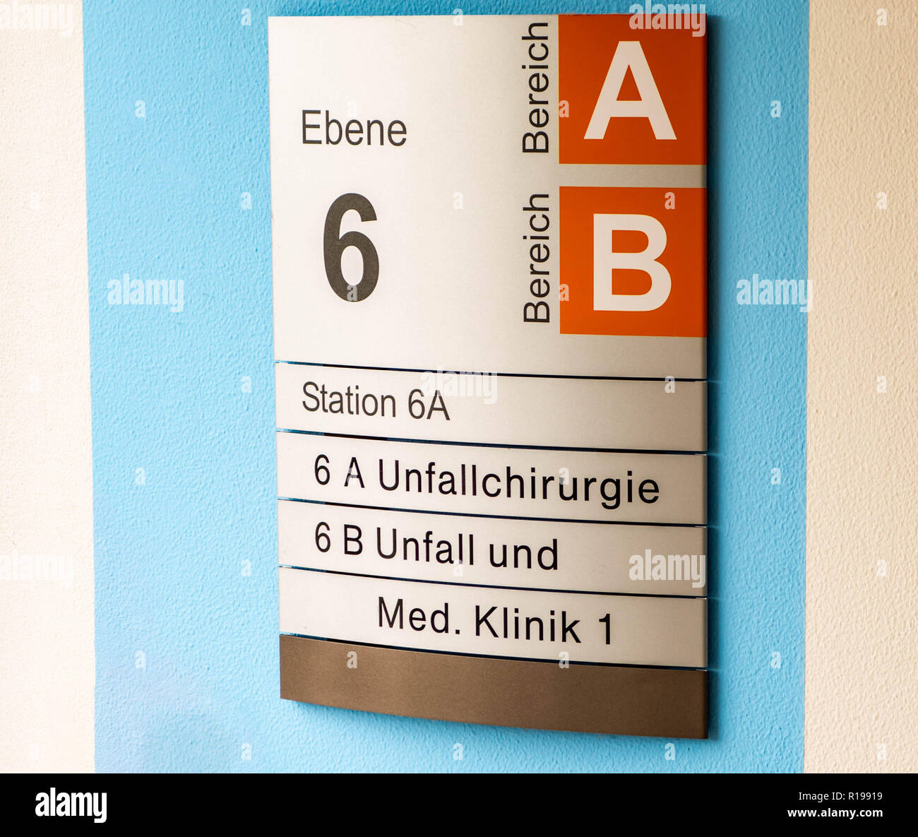 Sign indicating different accident trauma surgery departments at a ...