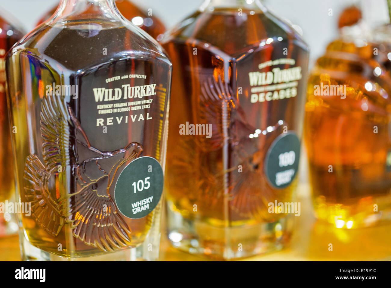 KIEV, UKRAINE - OCTOBER 20, 2018: Wild Turkey bourbon whisky bottles ...
