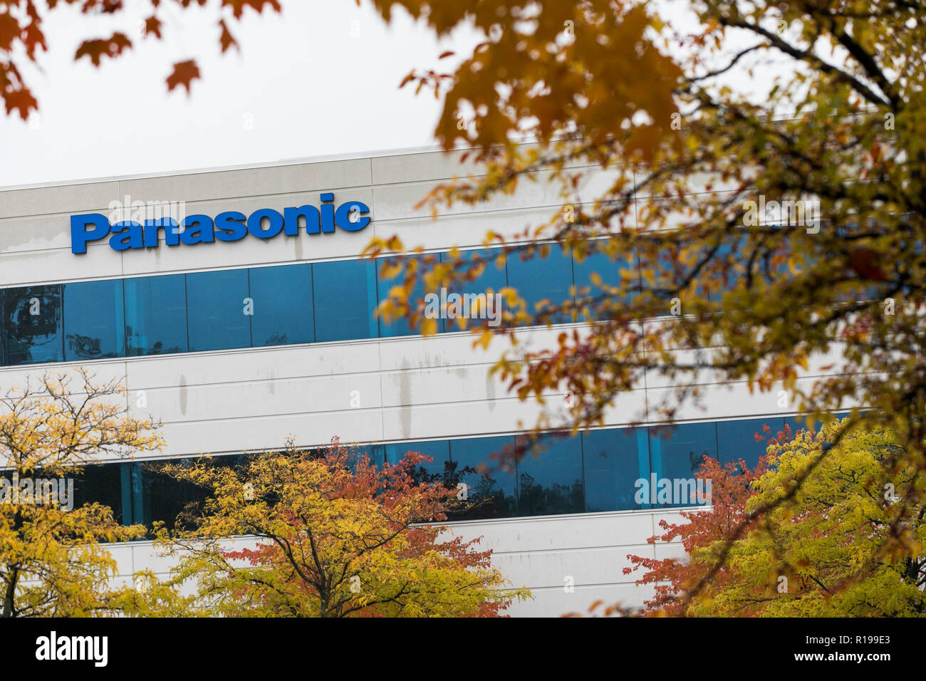 A logo sign outside of a facility occupied by Panasonic Automotive ...