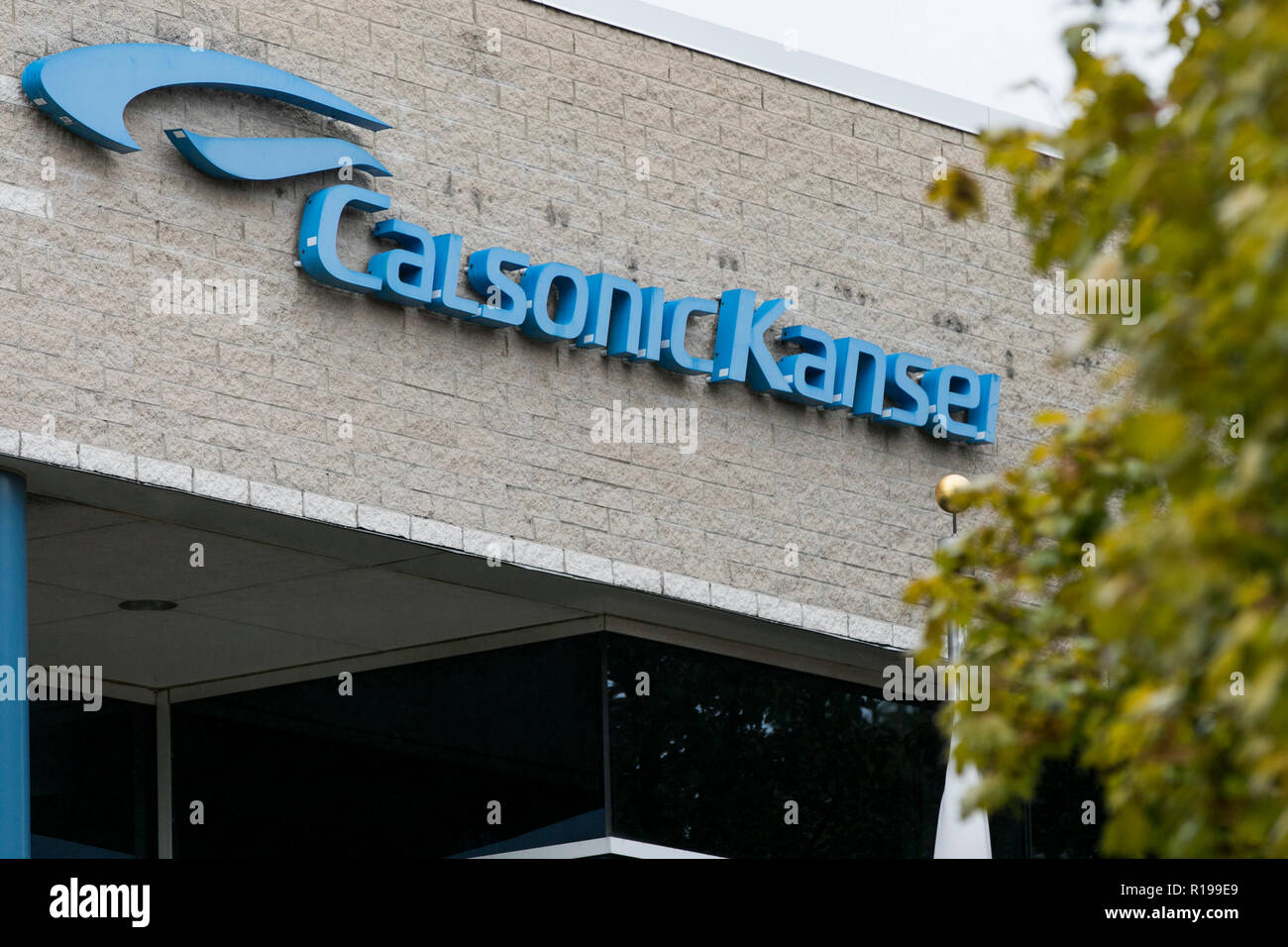 A logo sign outside of a facility occupied by Calsonic Kansei in ...