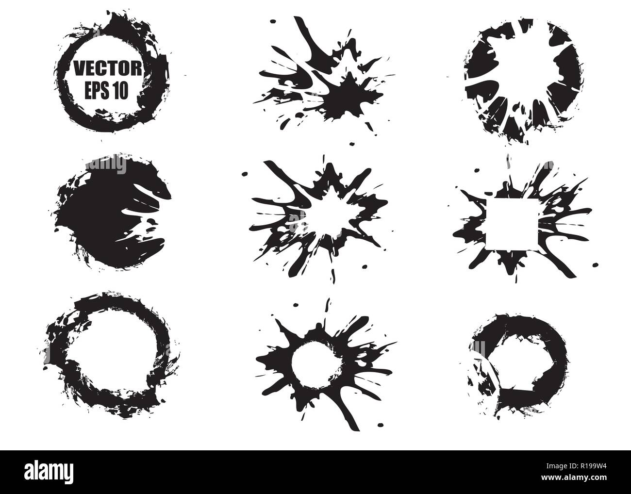 Set of black hand-painted blots, on white background and ink splatter ...