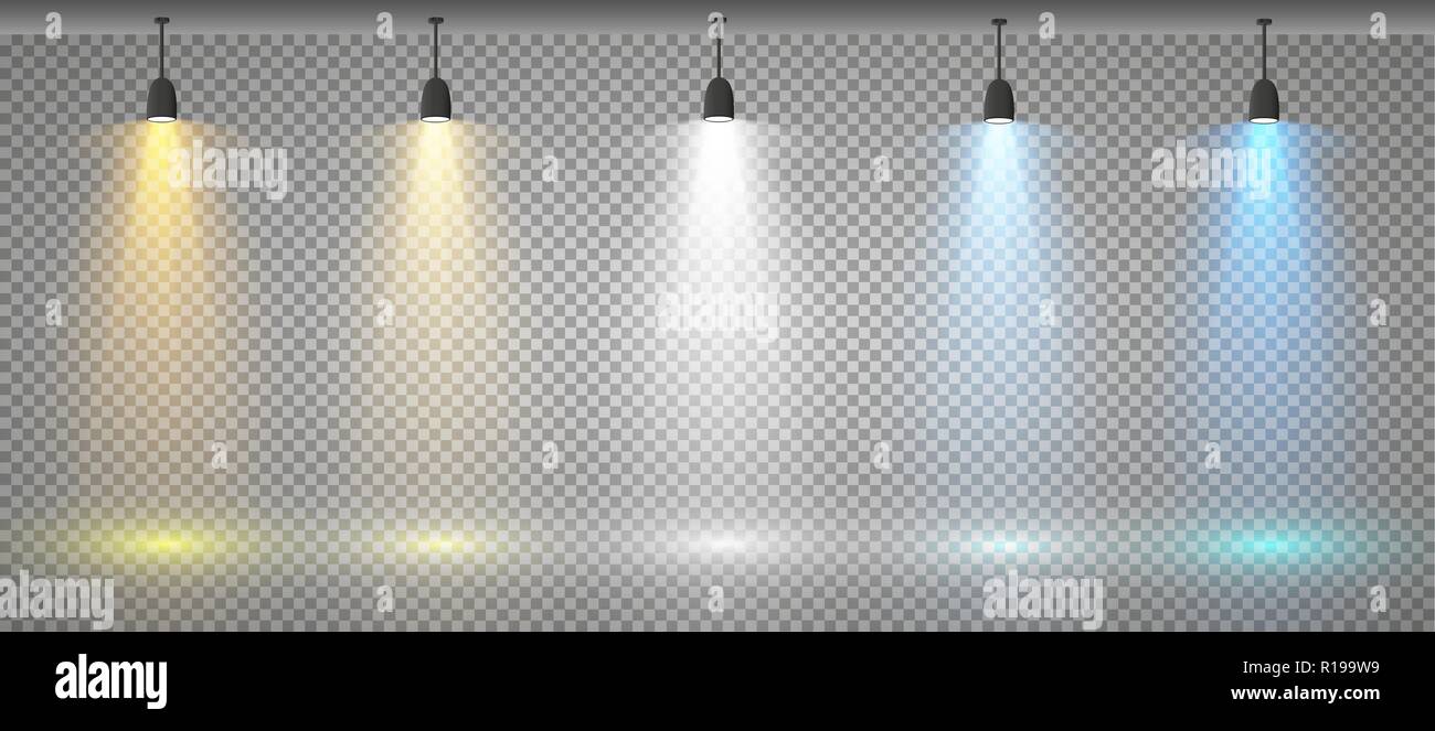 Set of colored searchlights on a transparent background. Bright ...