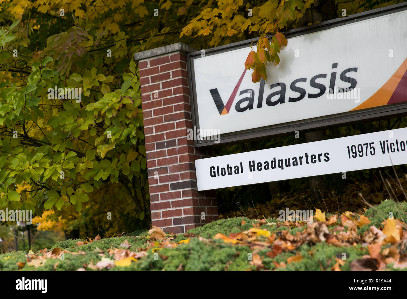 A logo sign outside of the headquarters of Valassis Communications, Inc ...