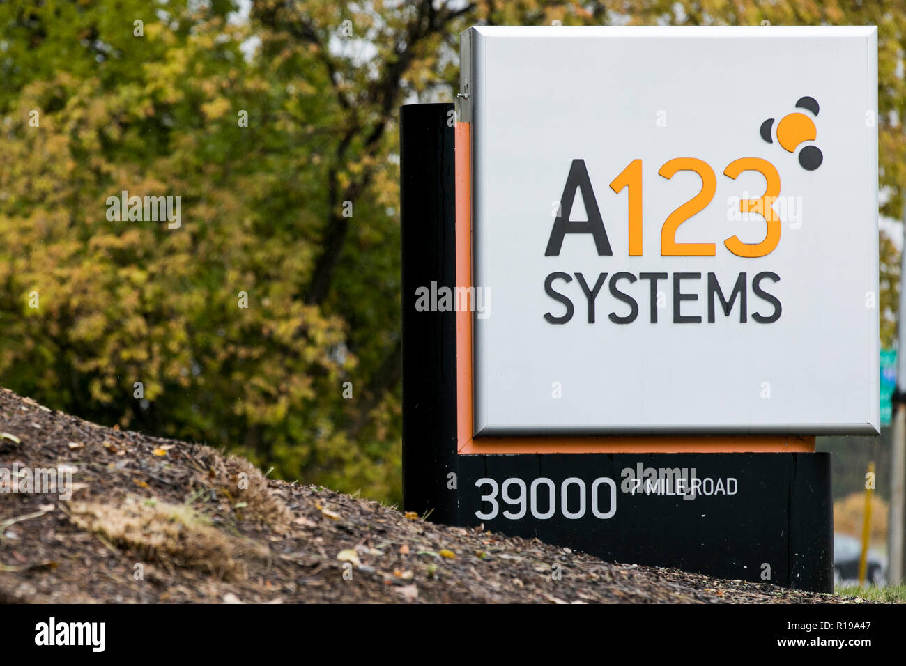 A logo sign outside of the headquarters of A123 Systems in Livonia ...