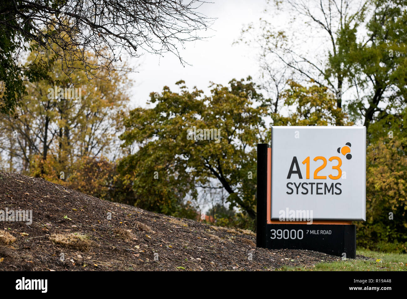 A logo sign outside of the headquarters of A123 Systems in Livonia ...
