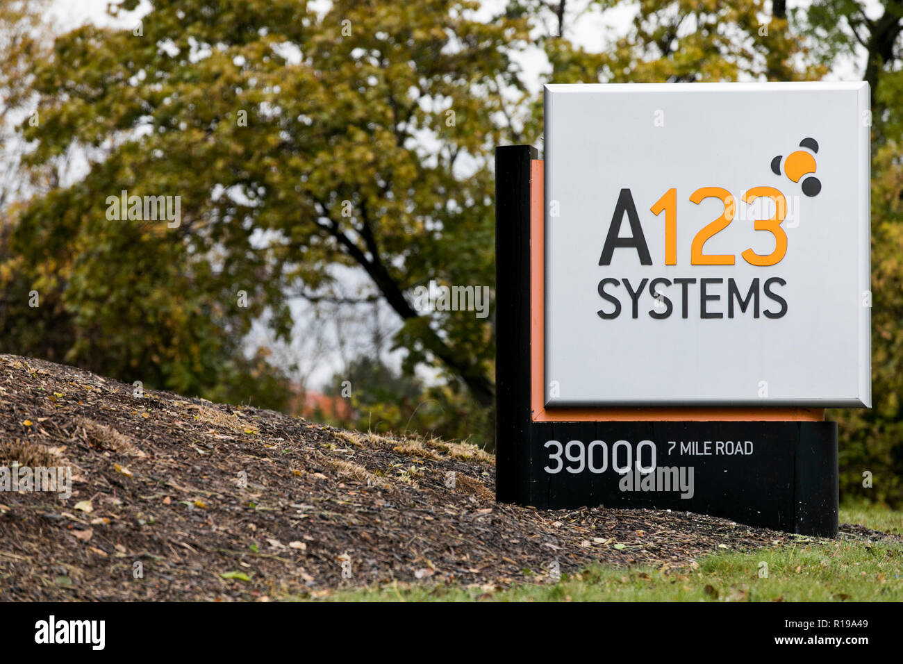 A logo sign outside of the headquarters of A123 Systems in Livonia, Michigan, on October 27 ...