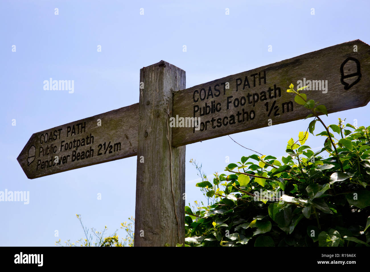 Signpost on the Coast Path at Portscatho, Roseland Peninsula, Cornwall ...