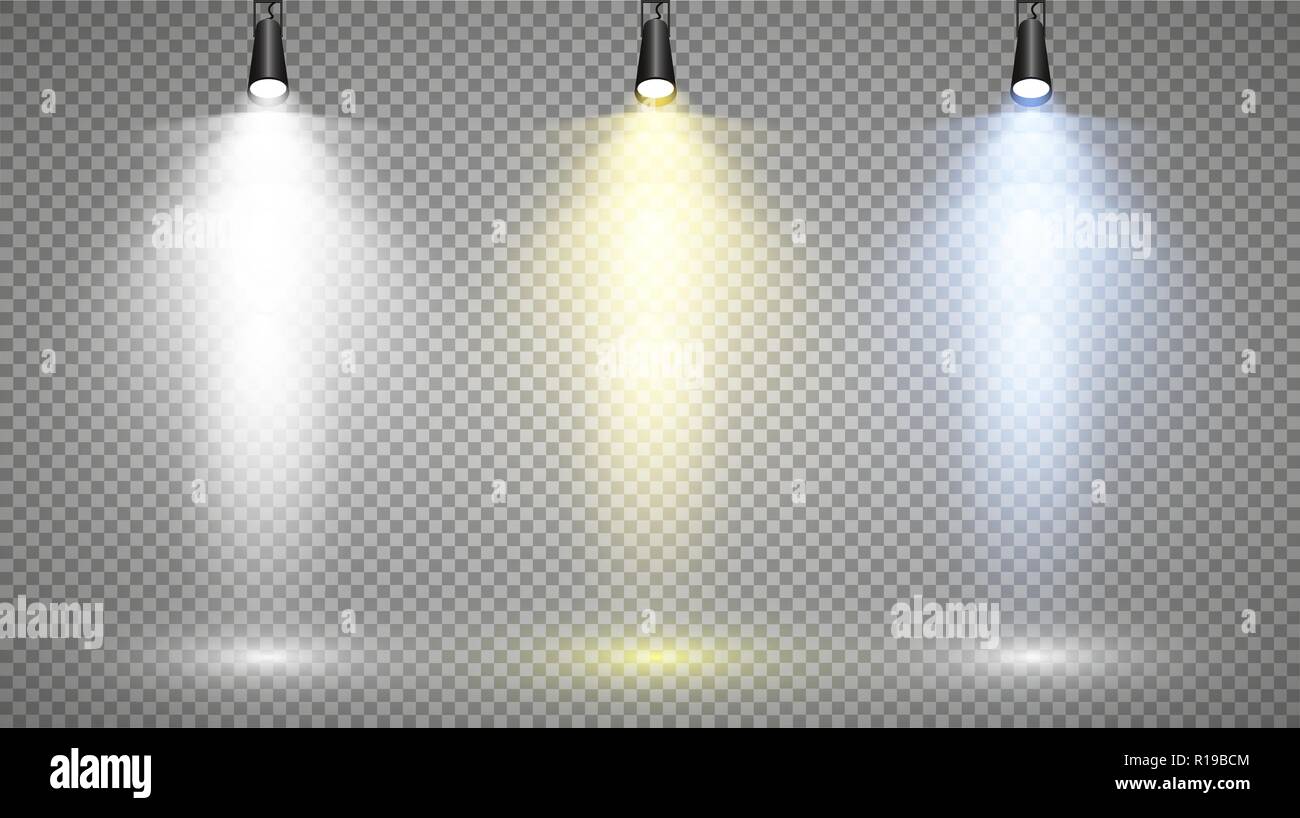 Set of colored searchlights on a transparent background. Bright ...