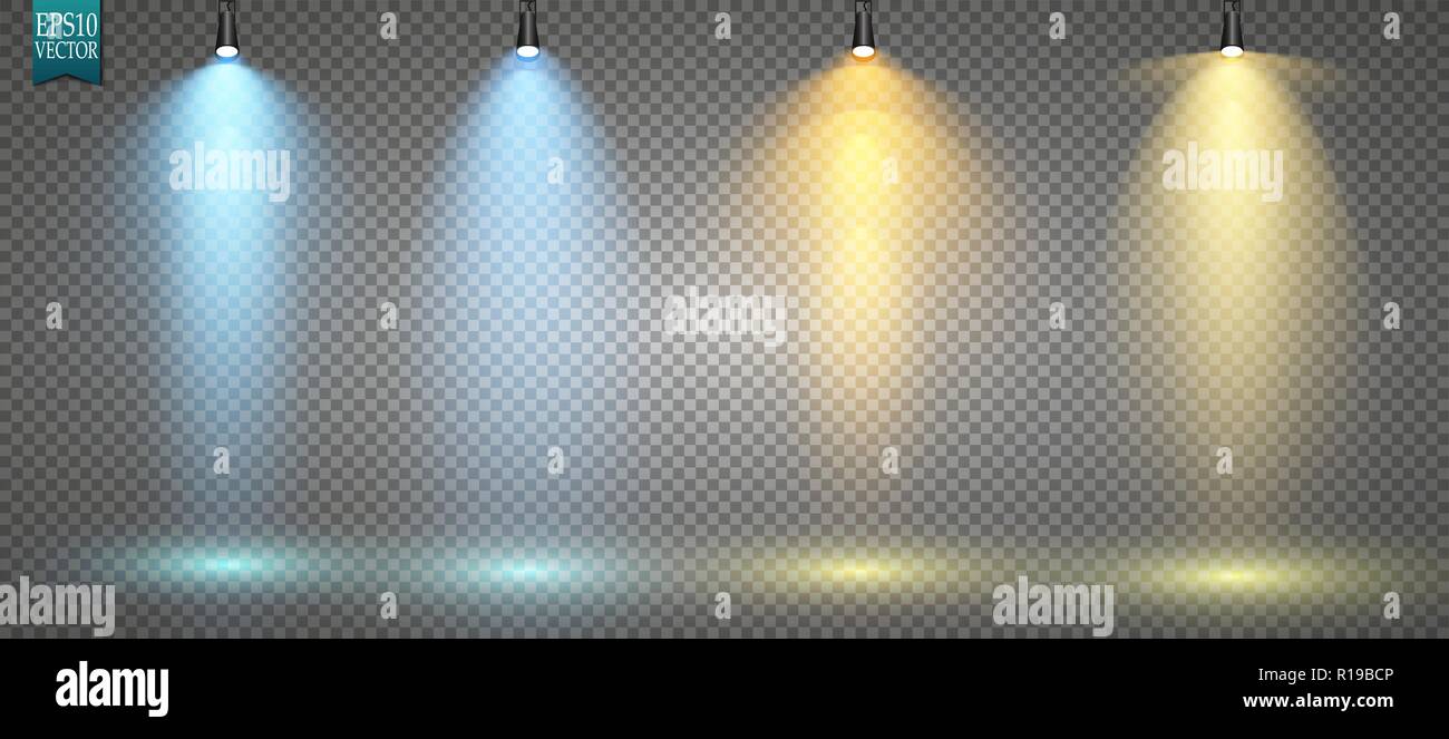 Set of colored searchlights on a transparent background. Bright ...