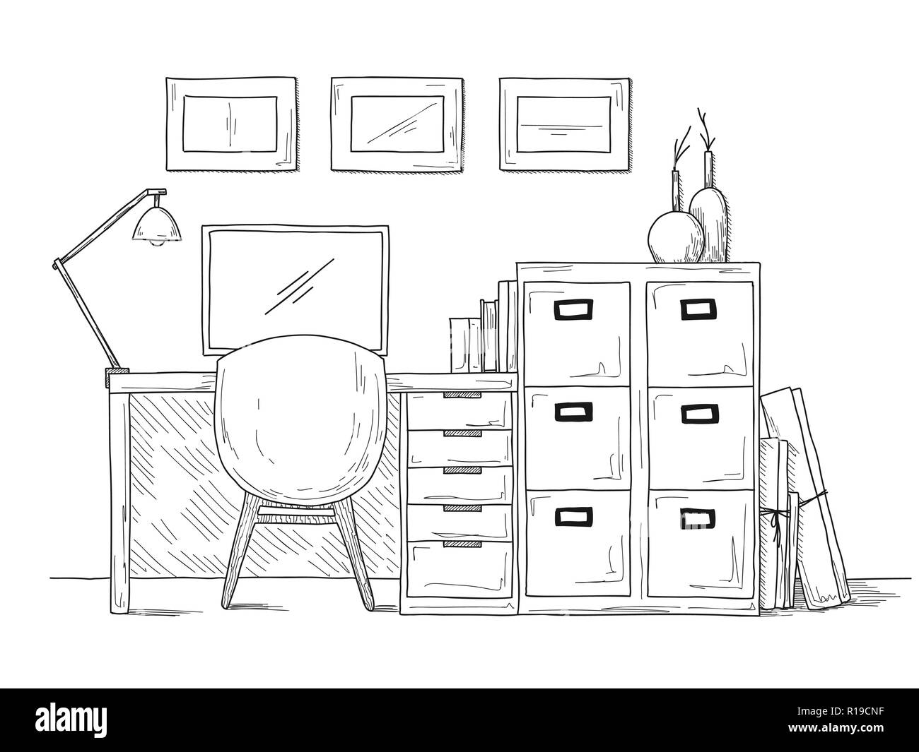 Workplace with a computer. Sketch of the interior. Vector illustration ...
