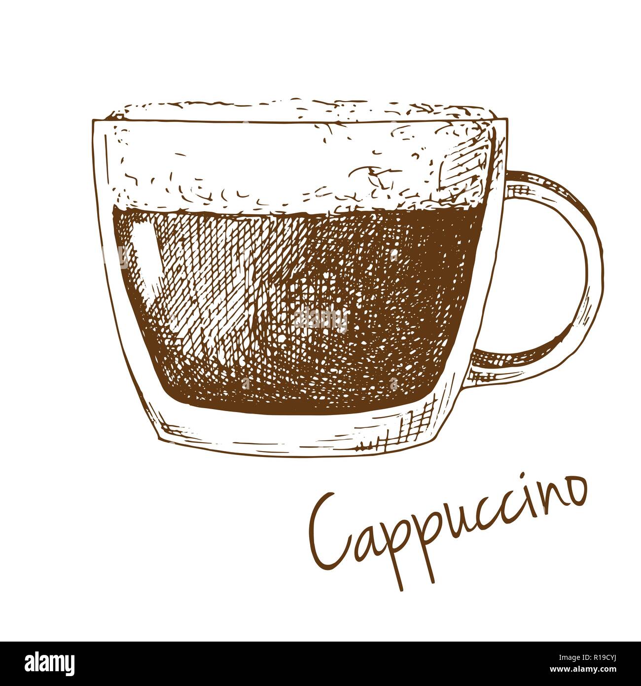 Sketch of a cup of coffee with foam. Inscription cappuccino. Vector ...