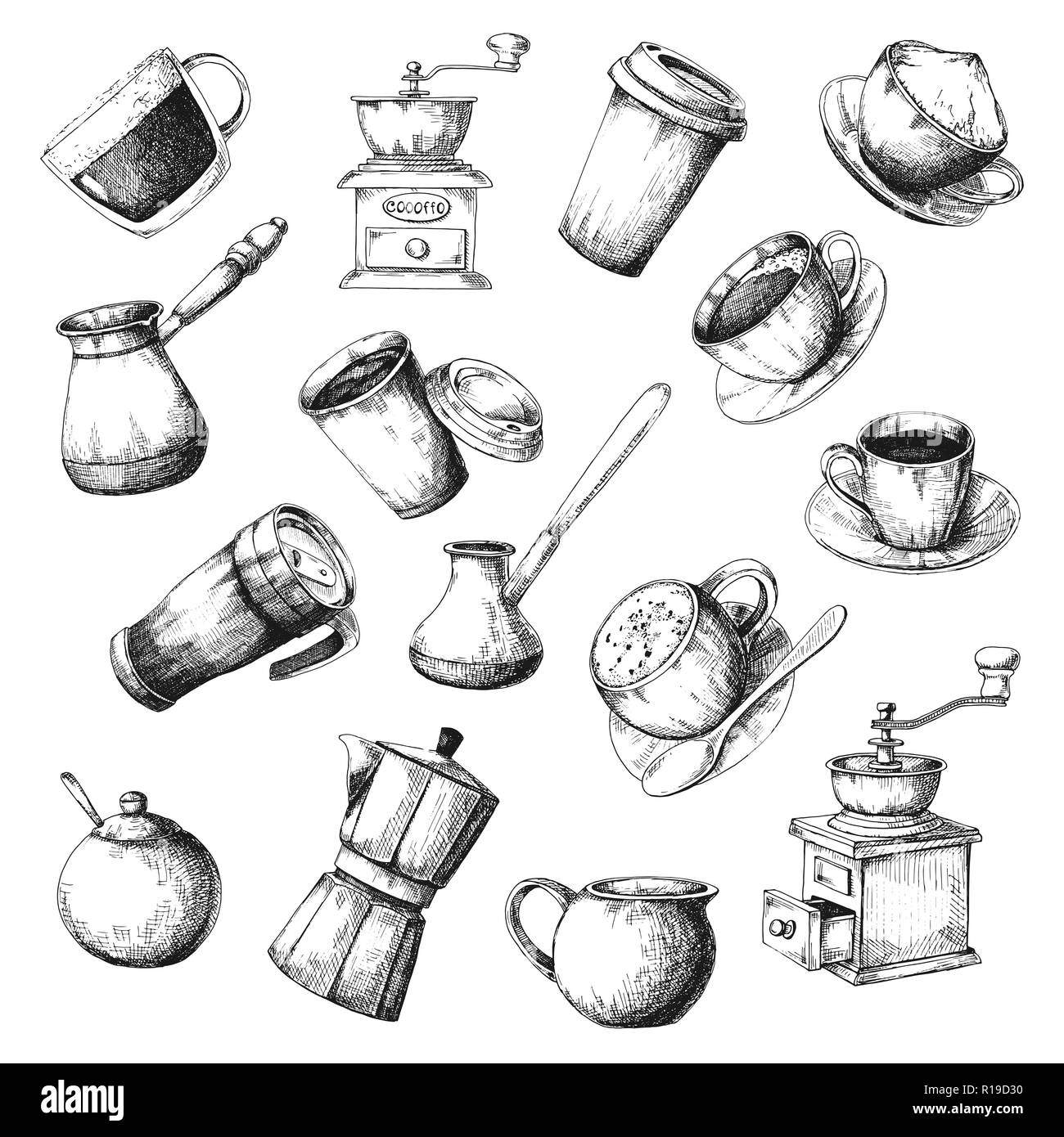 Large coffee set. Sketch the different cups of coffee, coffee pots and ...
