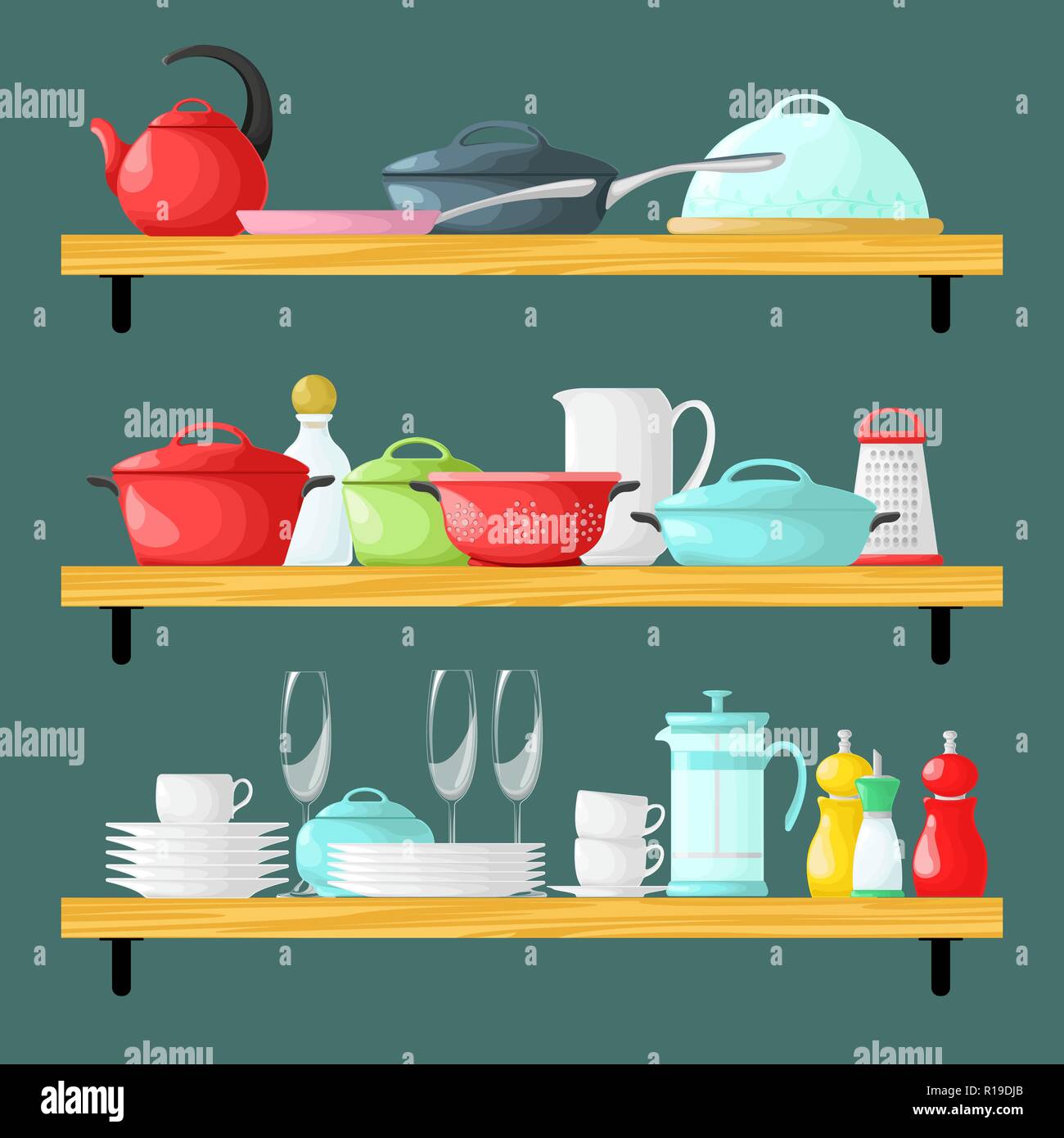 Three shelves with dishes. Cookware set in cartoon style. Vector Stock ...