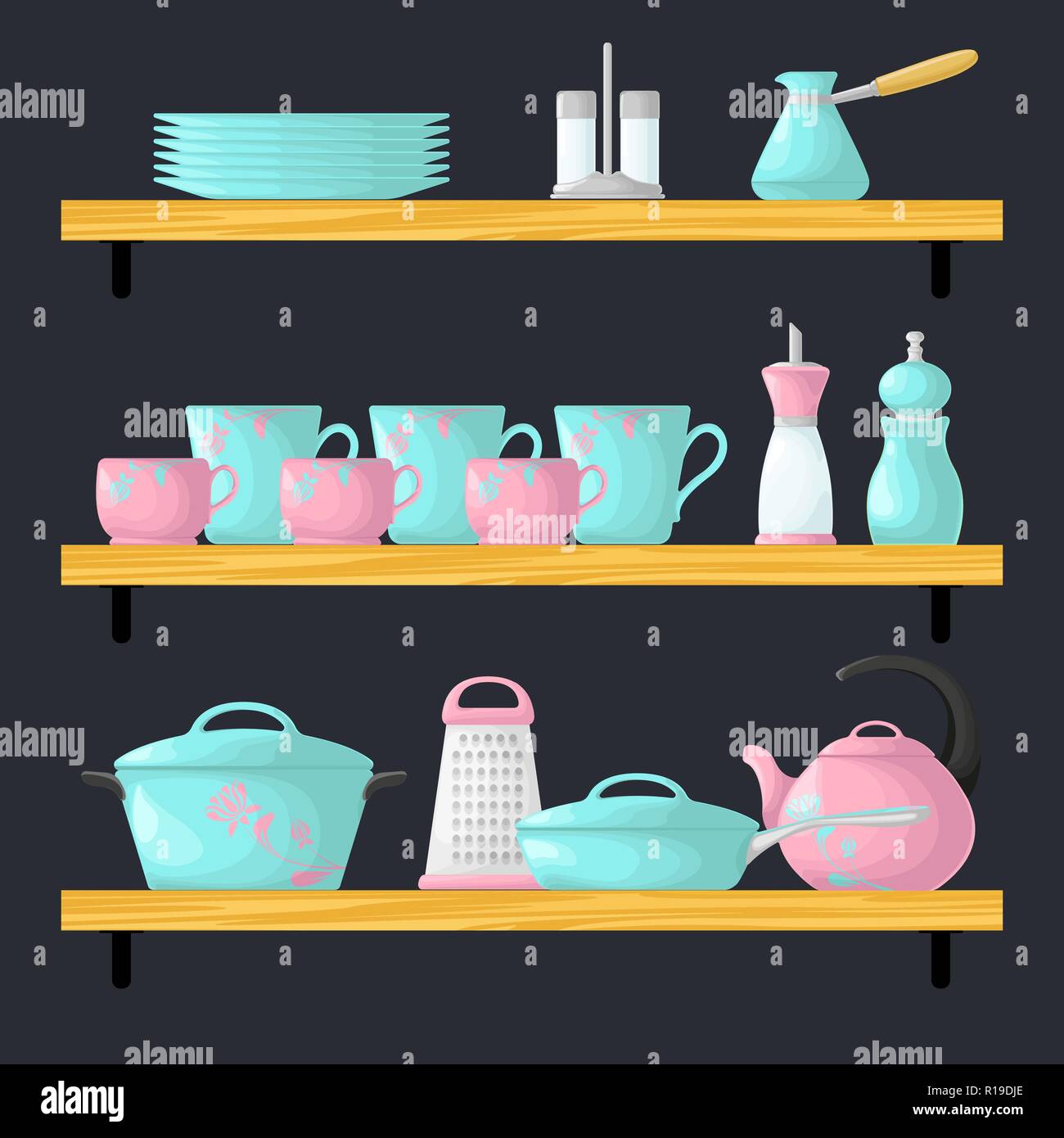 Three shelves with dishes. Cookware set in cartoon style. Vector Stock ...