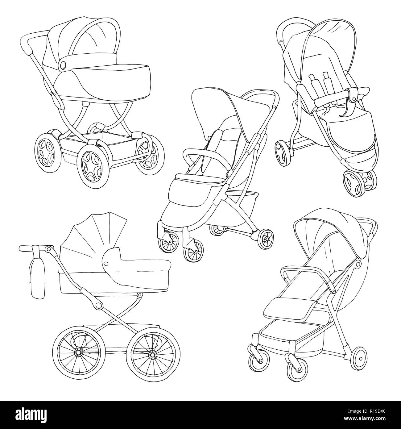 Sketch of a baby stroller and stroller for walks. Vector illustration ...