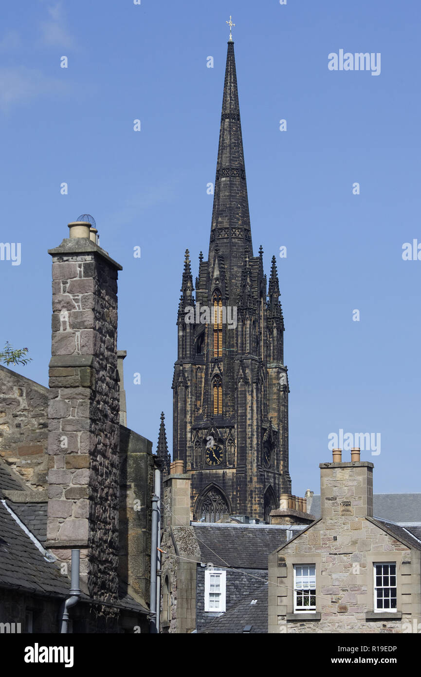 Gothic church spire and stone houses in Edinburgh Scotland Stock Photo ...