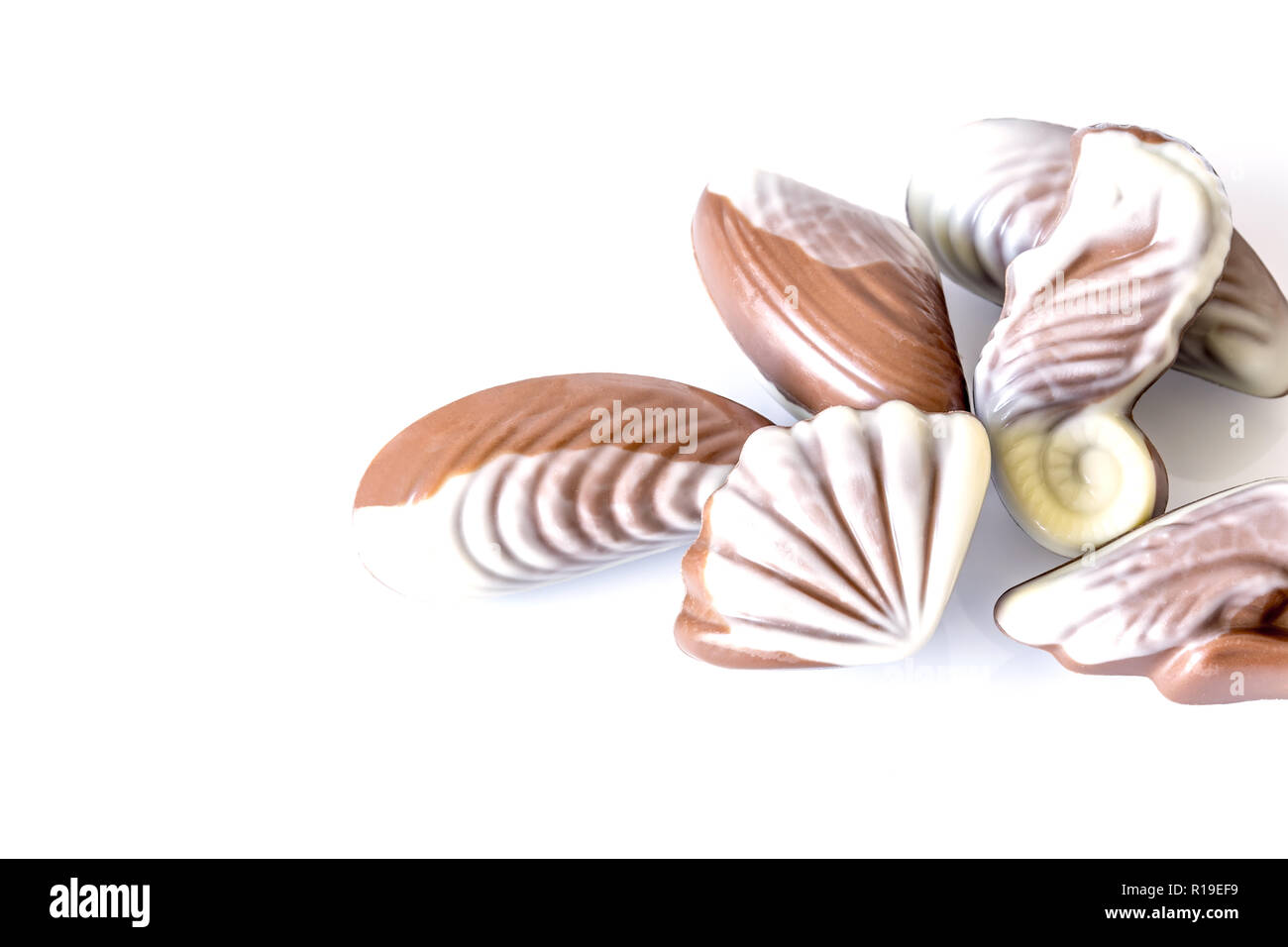 Chocolate candy in the form of sea shells on white table with ...
