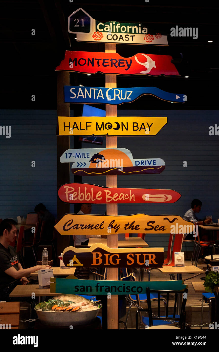 California sign post. Theme restaurant with an array of place name ...
