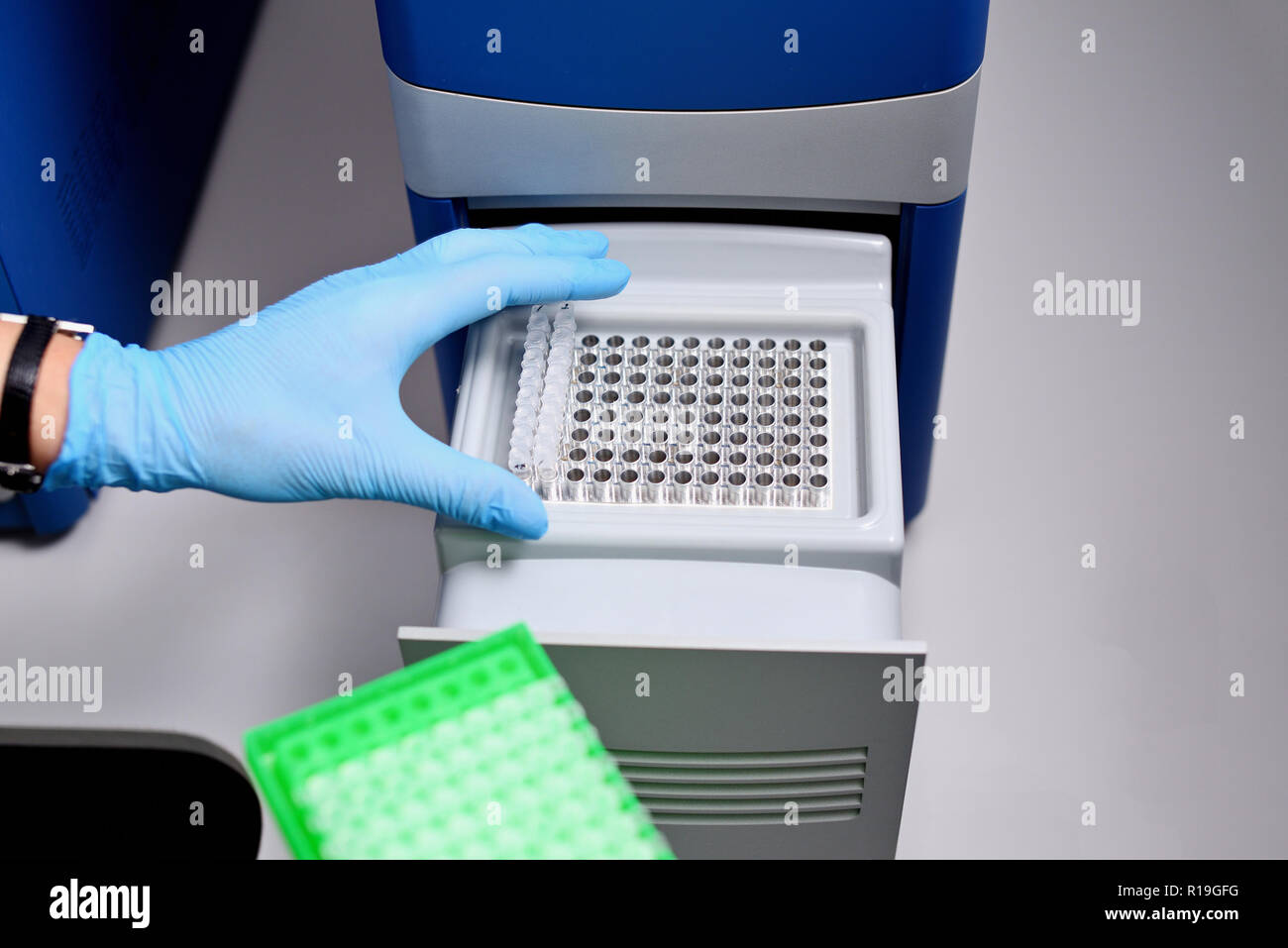 Dna test in the lab. the technician inserts the test tubes into the dna ...