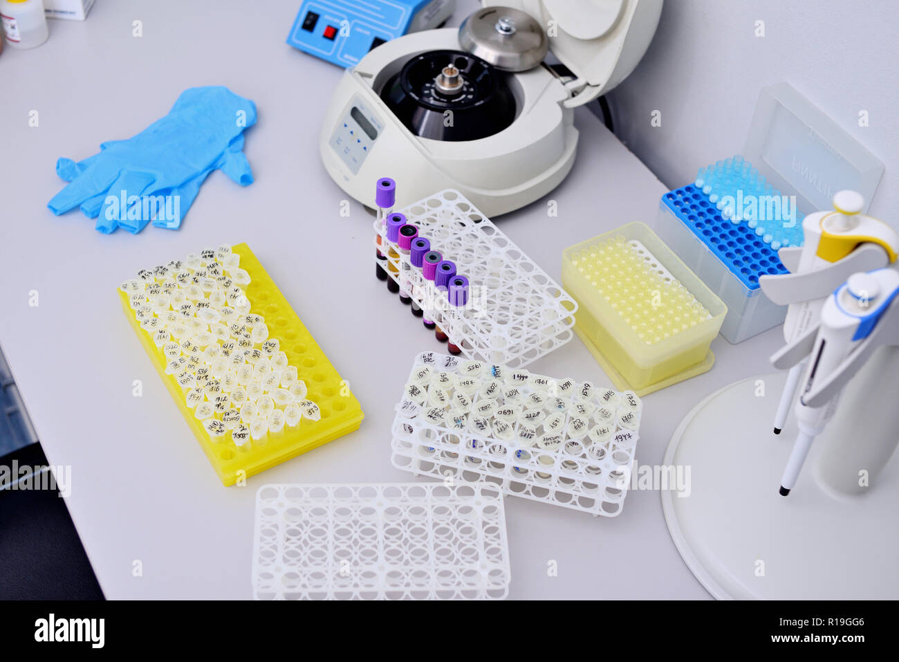 Workplace in the laboratory of blood tests and dna. Medical equipment ...