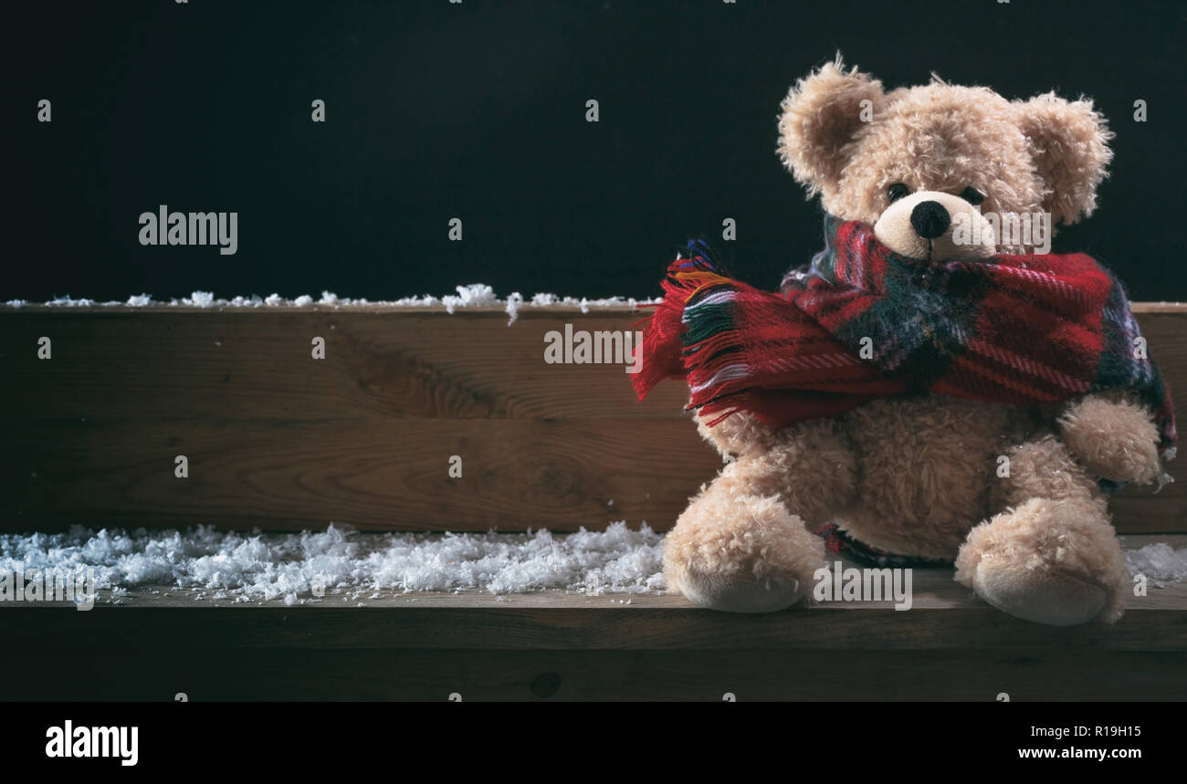 Winter, cold weather, loneliness. Teddy with scarf sitting alone on a ...
