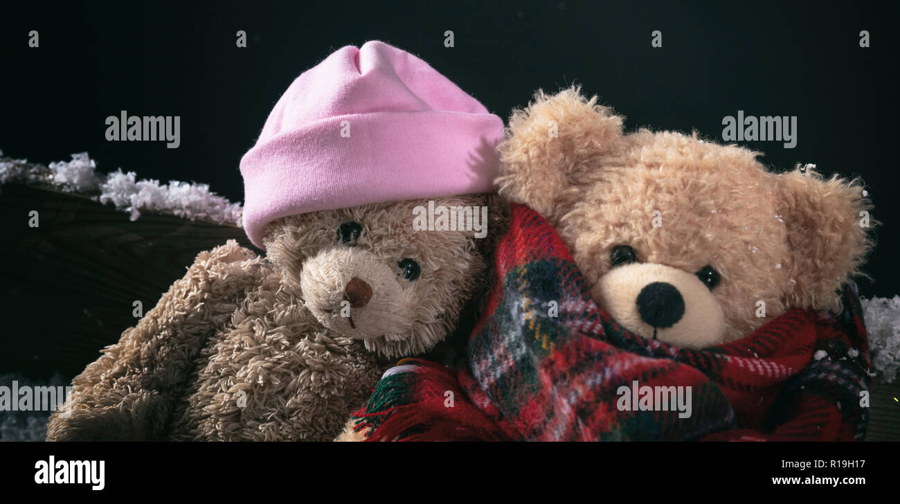 Winter, cold weather, love. Couple teddy bears sitting outdoors, on a ...
