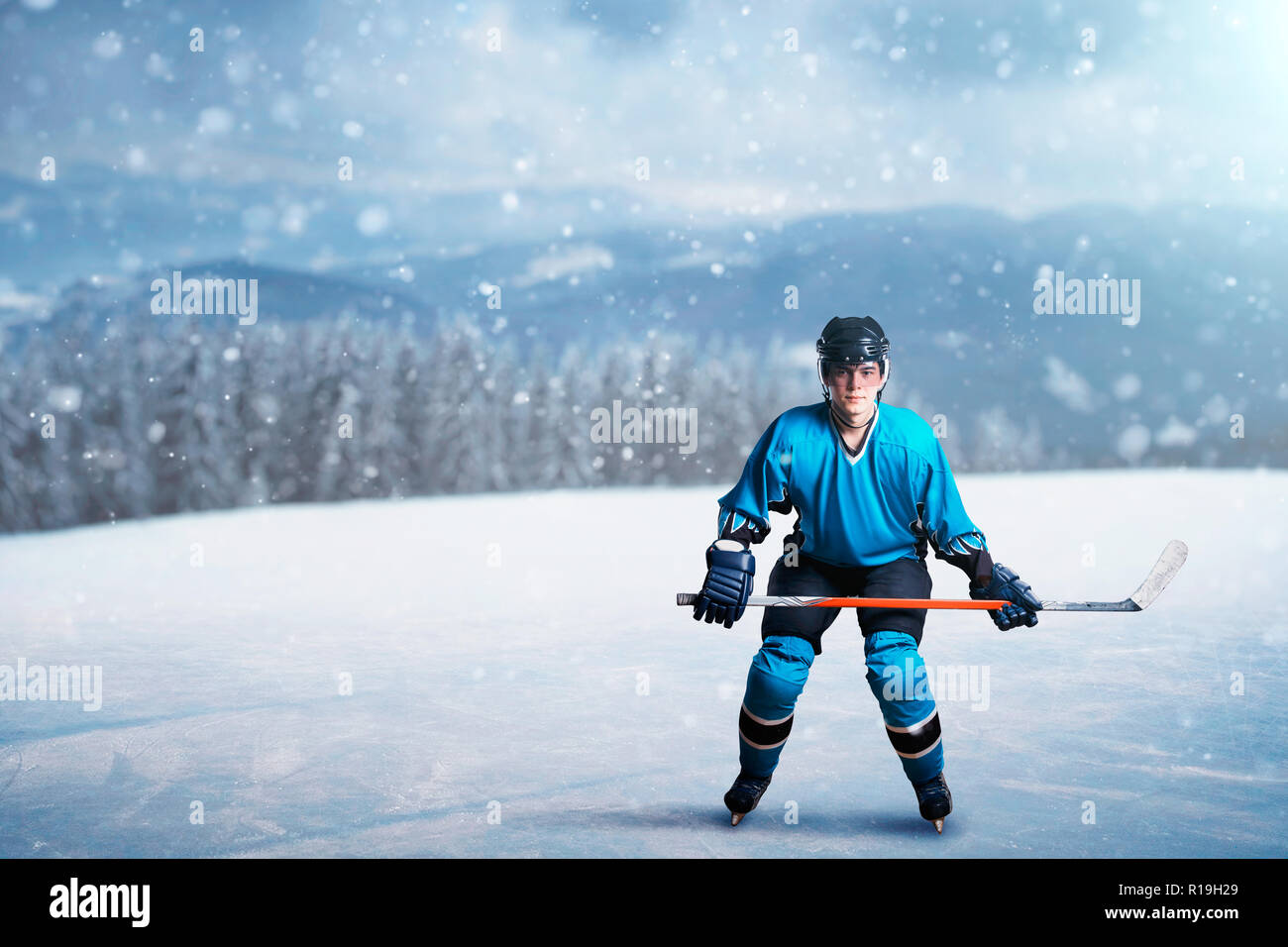 One hockey player with stick on open ice, game concept, snowy forest on ...