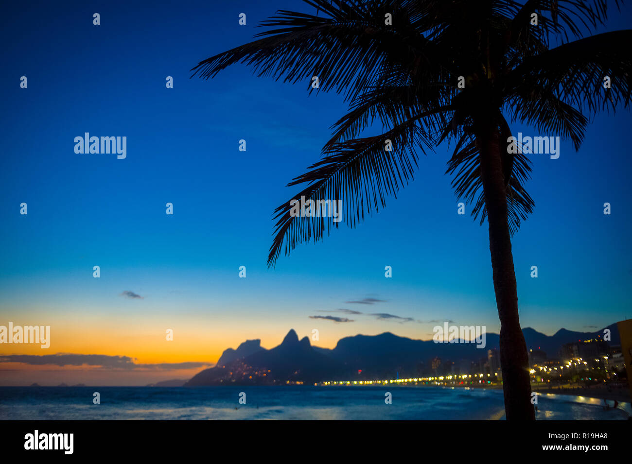 Scenic sunset view of Ipanema Beach with silhouette of a palm tree in ...