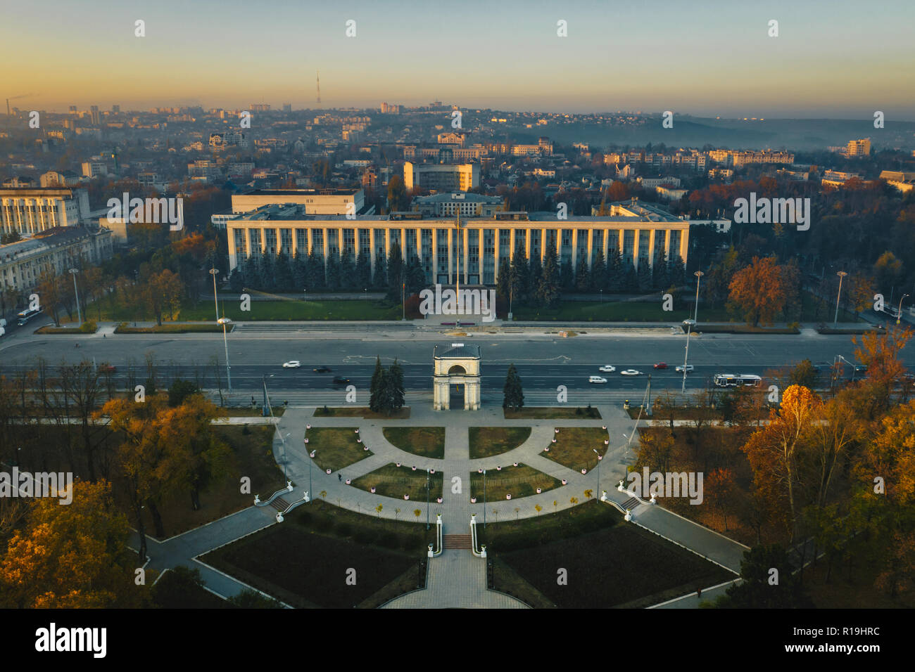 Chisinau Triumphal Arch and Government building in central Chisinau ...