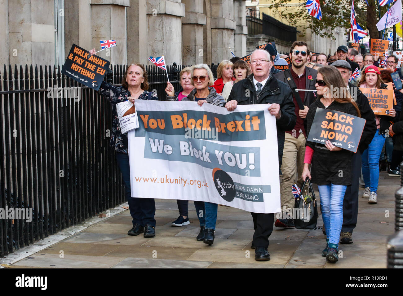 London, UK. 10th Nov, 2018. Pro-Brexit activists from UK Unity march ...
