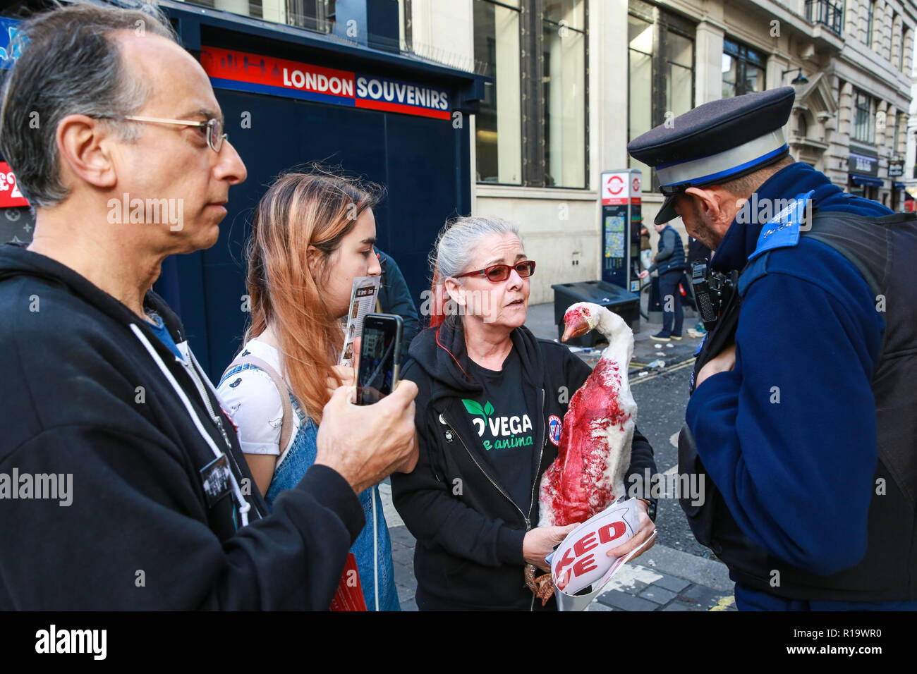 London, UK. 10th Nov, 2018. Animal rights activists protest outside ...