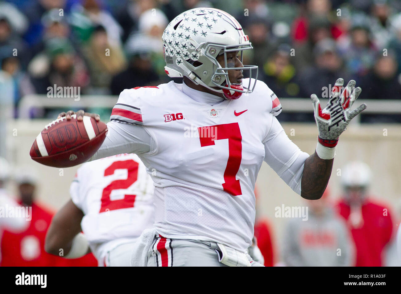 East Lansing, Michigan, USA. 10th Nov, 2018. Ohio State quarterback ...
