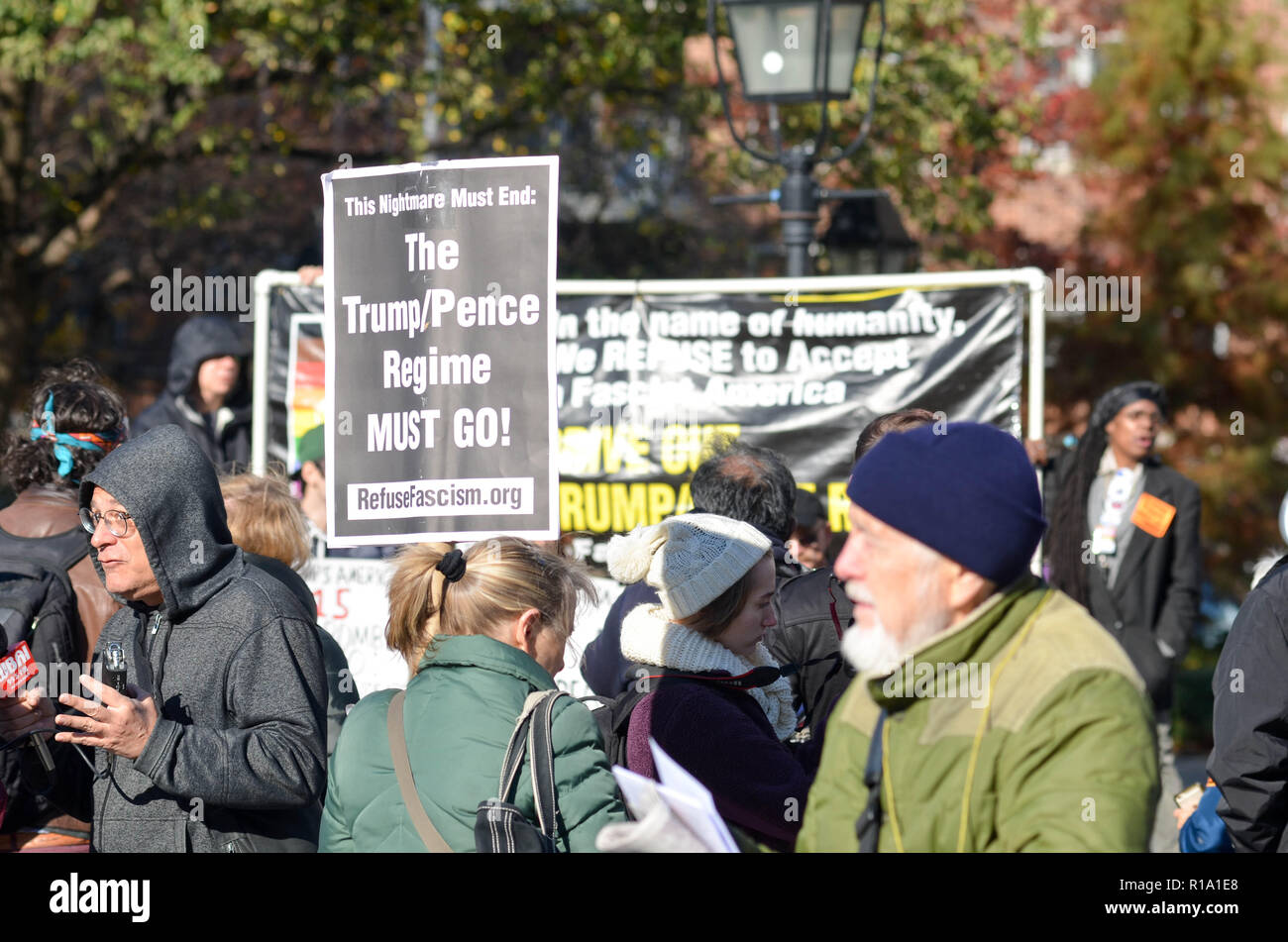 Manhattan, New York, USA. 10th Nov, 2018. A protester seen holding an ...