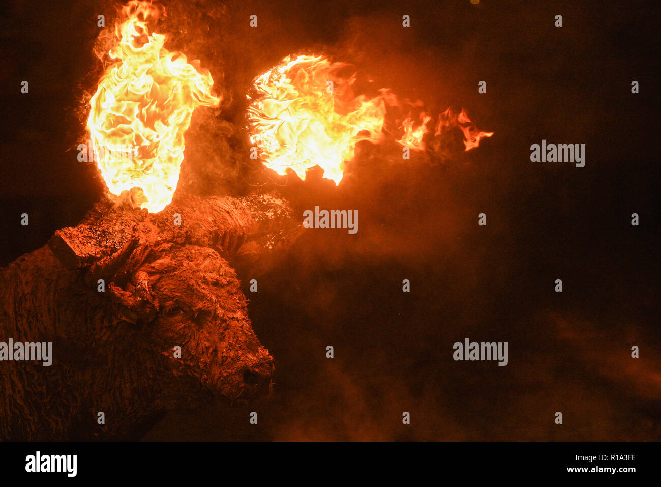 A fire bull stands on the arena during the 'Toro de Jubilo' Fire Bull ...