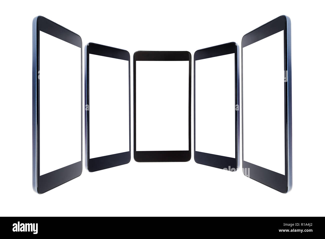 Several black smartphones close-up standing in a semi-circle isolated ...