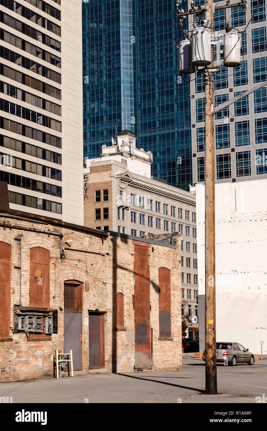 view of Salt Lake city old buildings surronded by skyscrapers. Utah ...