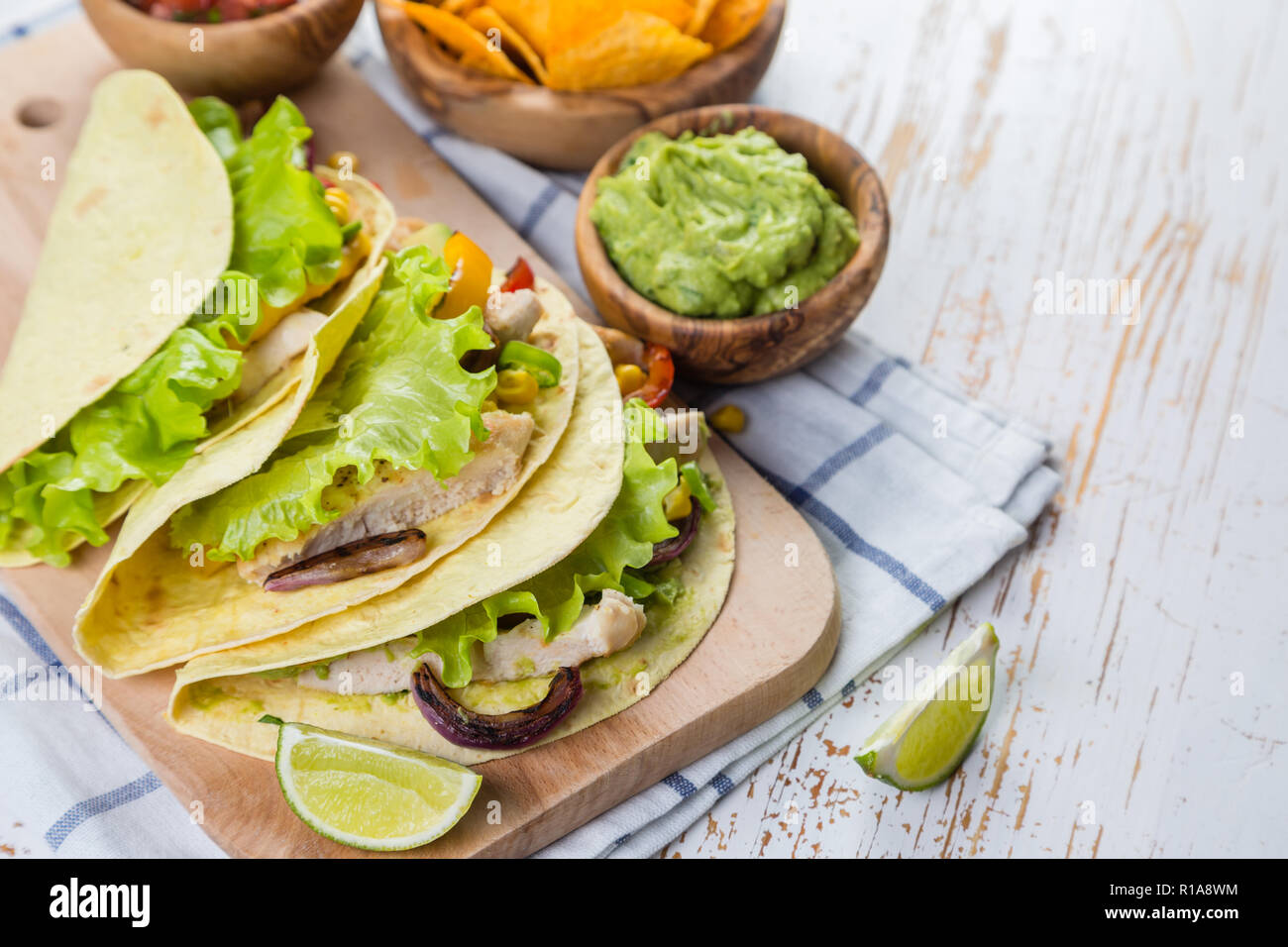 Mexican food - tacos, salsa, guacamole Stock Photo - Alamy