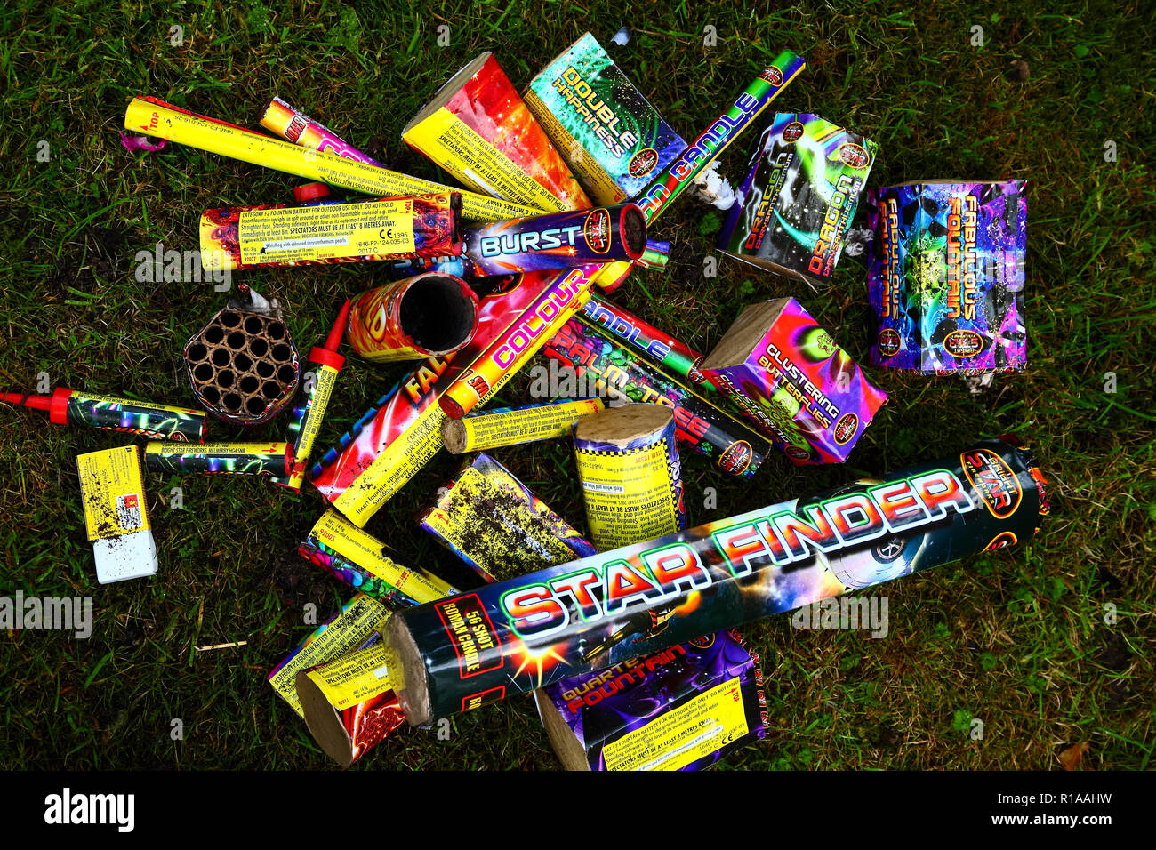 Heap of used burnt firework shells left over from a bonfire night ...
