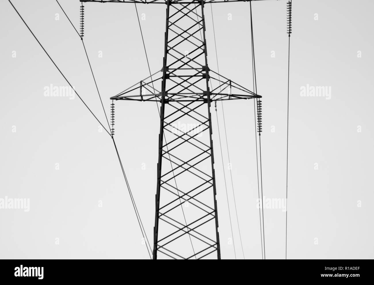 High voltage tower. Power line black and white background Stock Photo ...