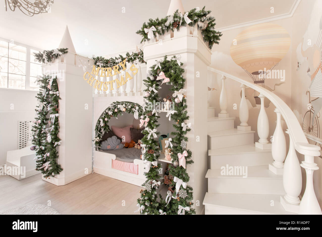 Christmas morning. Interior of a spacious children's room. decorative ...
