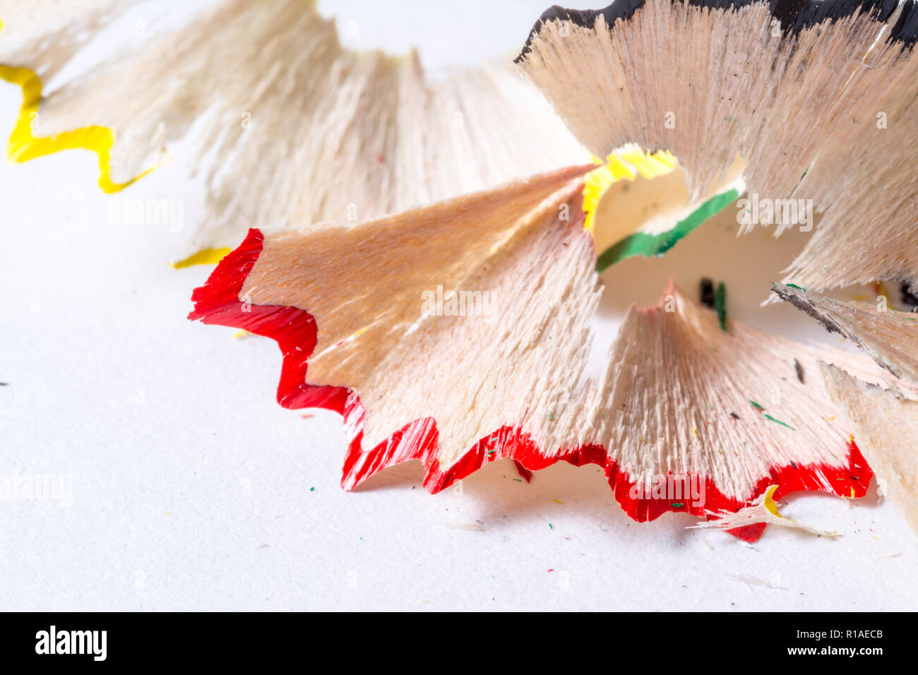 Chips of colored pencils on white background texture close-up macro ...